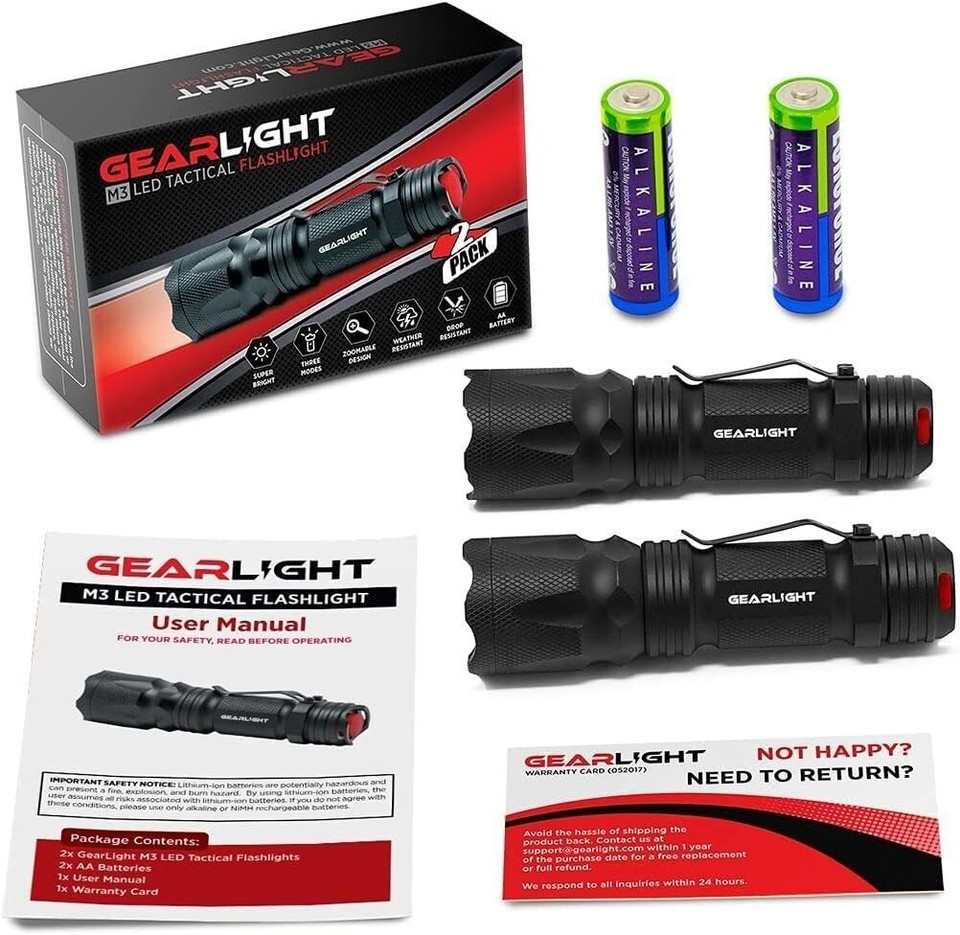 Compact LED Flashlight Set - 2 Bright Tactical Flashlights with Pocket ...
