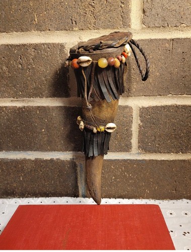 Vintage Antique Buffalo Bull's Horn Decorated With Leather Sea Shells ...