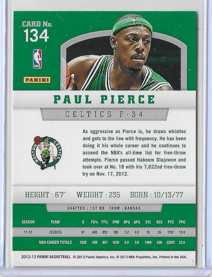 2012-13 Panini Basketball Paul Pierce Card #134 Boston Celtics HOF | eBay