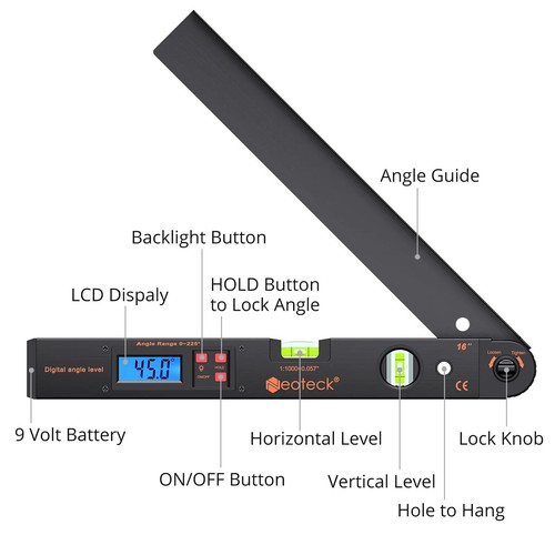 0-225° LCD Digital Protractor Spirit Level Angle Finder Gauge Meter ...