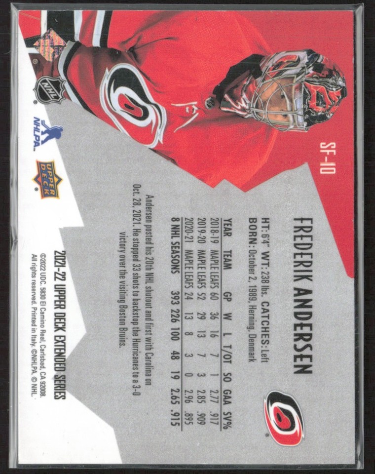 2021-22 UD Extended Series Frederik Andersen SF-10 SPx Finite /2999 | eBay