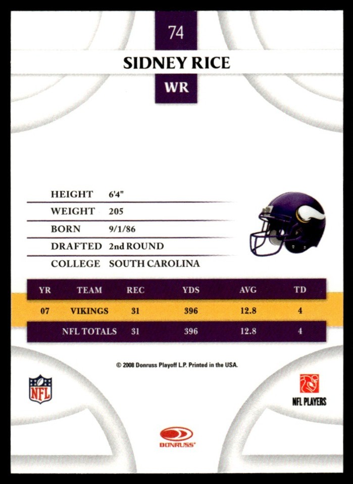 2008 DONRUSS THREADS FOOTBALL CARD SIDNEY RICE #74 MINNESOTA VIKINGS ...