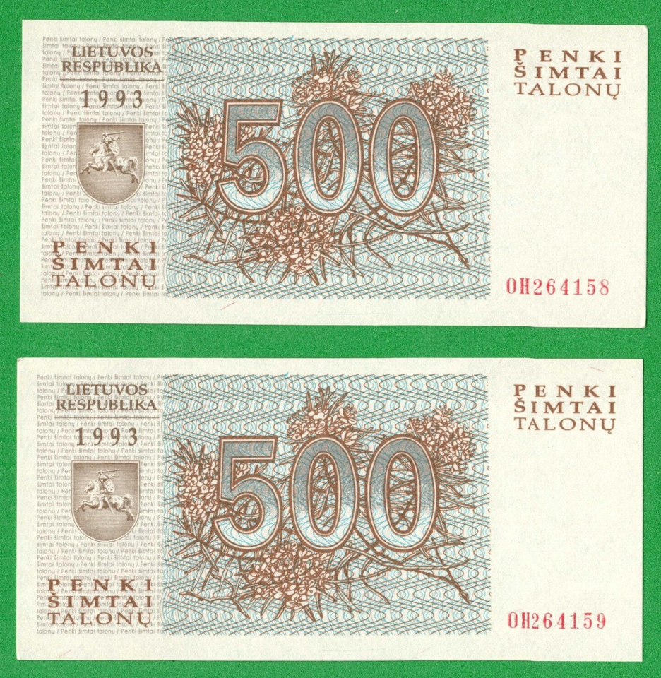 LITHUANIA consecutive numbers PAIR 500 TALONU 1993 UNC WOLVES 5244 | eBay