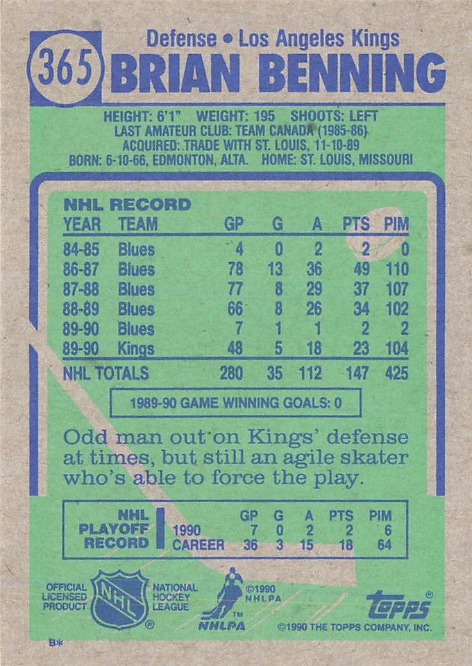 1990 Topps #365 Brian Benning Los Angeles Kings | eBay