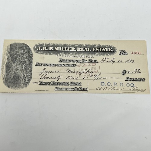 First National Bank Check Deadwood South Dakota SD 1893 JKP Miller B&M ...
