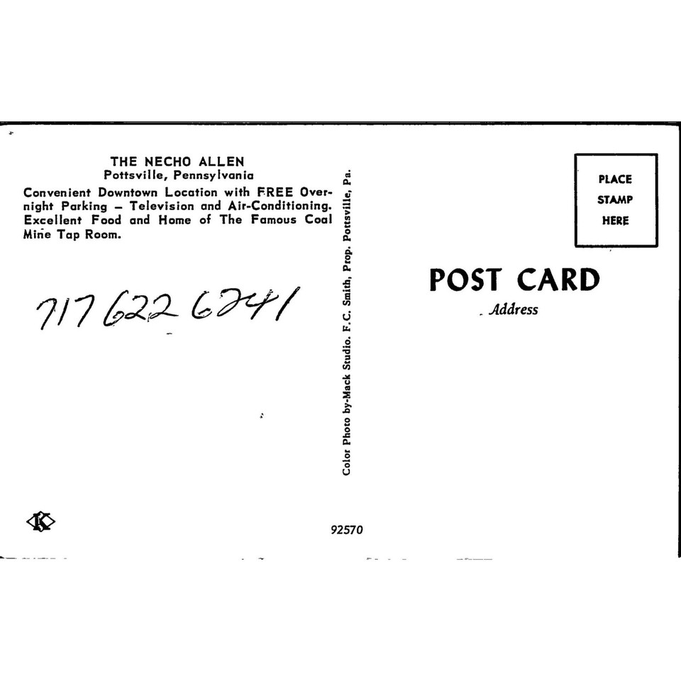 Necho Allen Hotel Postcard - Pottsville PA - Famous Coal Mine Tap Room ...