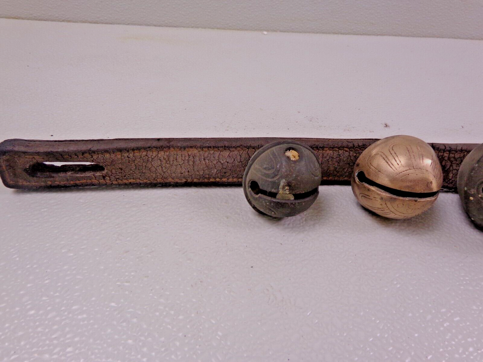 Antique Primitive Brass Sleigh Bells w/leather strap Bells 3" Down | eBay