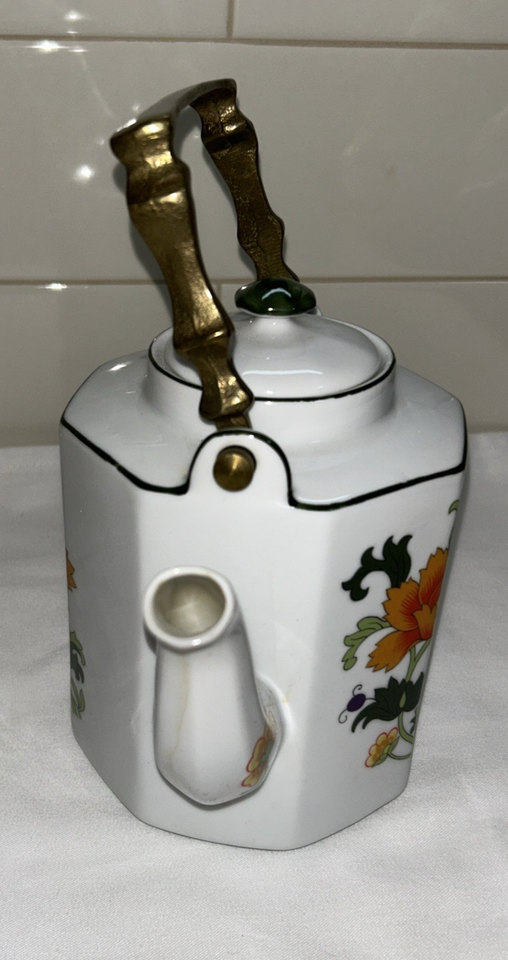 Dolphin Fine China Olympus Orange Flower Ceramic Teapot 6.5" Tall Brass ...