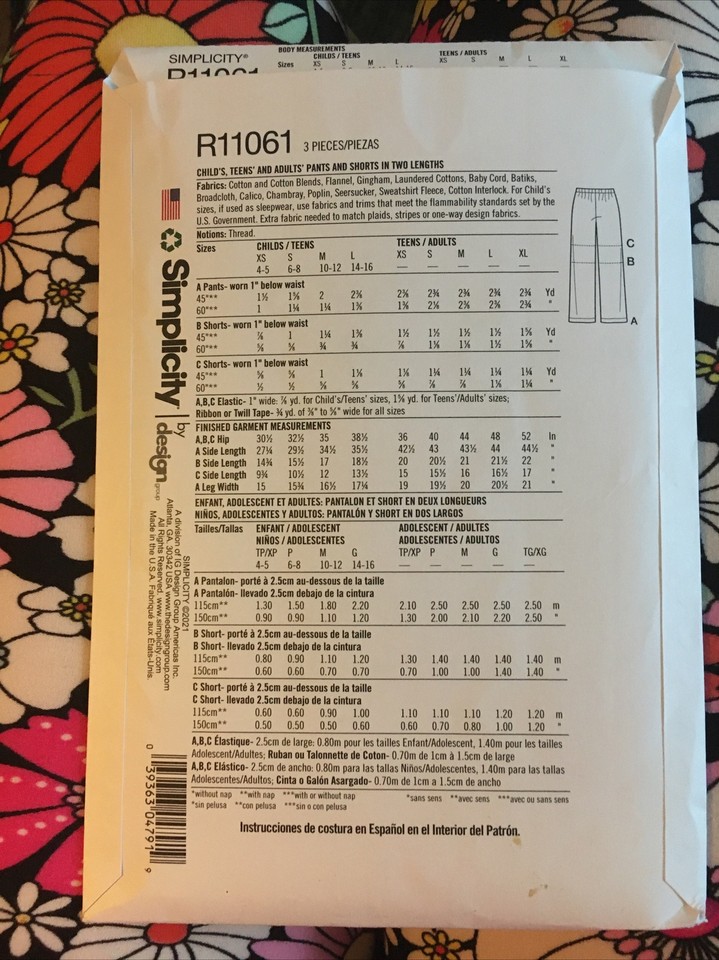 Simplicity Pattern 9127/R11061 FAMILY SHORTS/PANTS Kids; XS-L/Adult XS ...