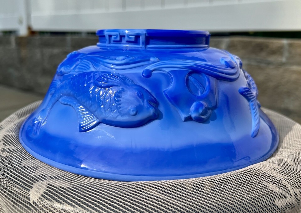 RARE Fenton**MARBLED PERIWINKLE BLUE ATLANTIS KOI FISH BOWL**1990's ...