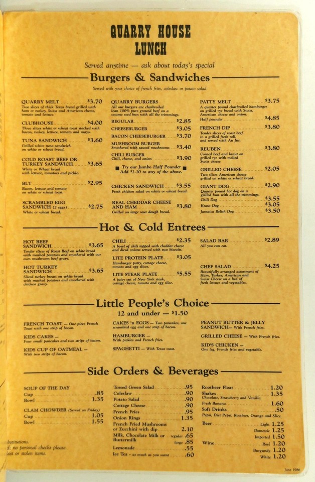 1986 Quarry House Large Laminated Restaurant Menu Rocklin California ...
