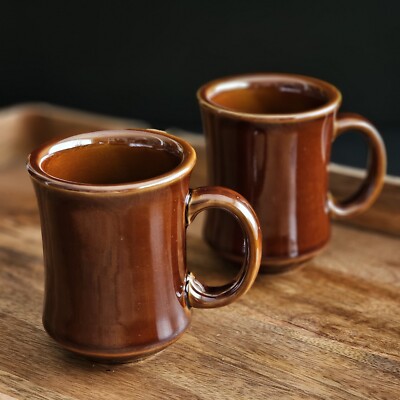 Set of 2 Brown Mugs Coffee Cups Restaurant Style Glazed Ceramic REGO ...