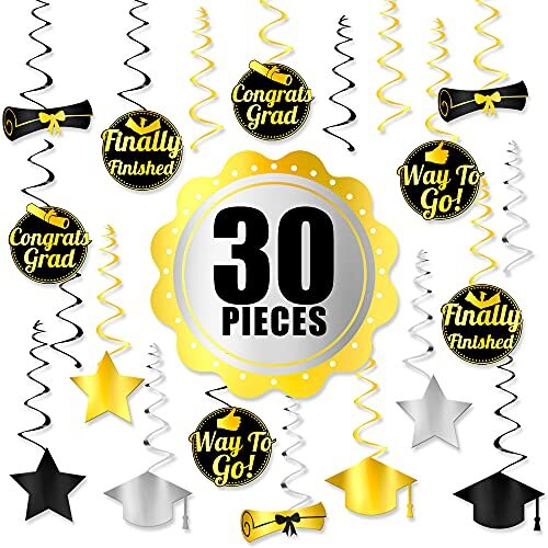 , Graduation Hanging Decorations - Pack of 30, Black and Gold, Silver ...