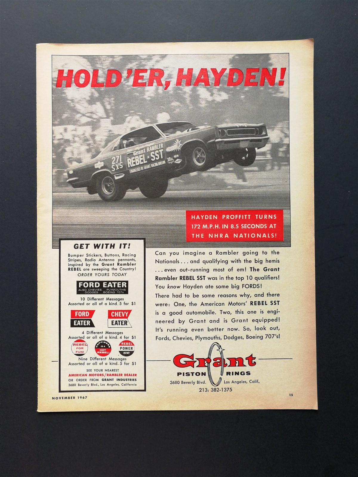 1967 Hayden Proffitt Grant Piston Rings Rebel SST Funny Car Original ...