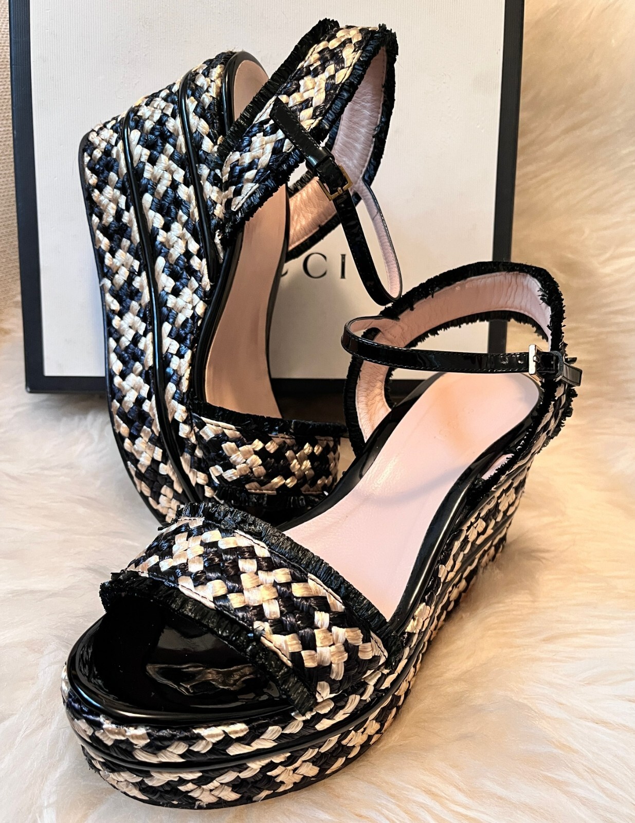 Gucci Raffia & Patent Espadrilles Wedge Heel Sandal 1… - Gem