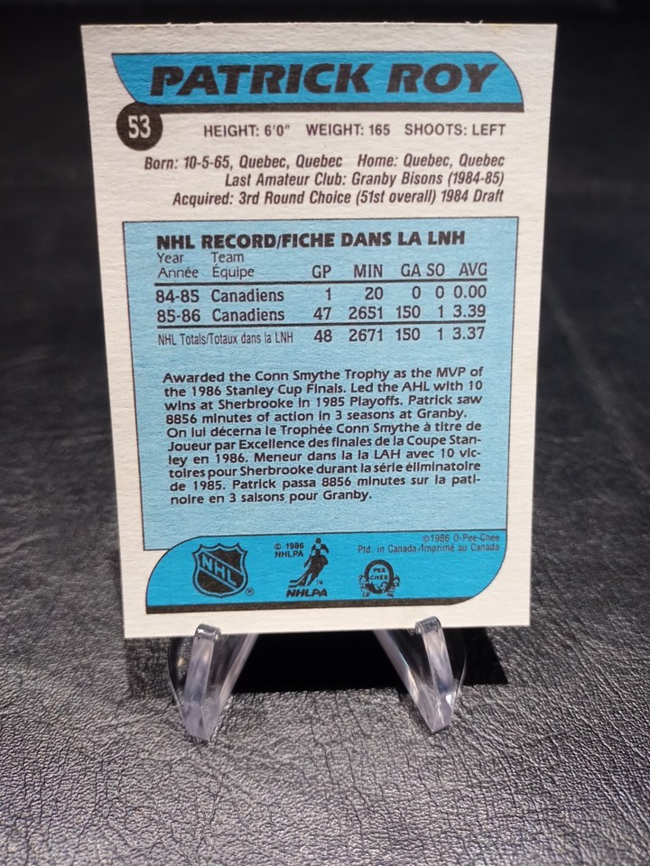 PATRICK ROY, REPRINT OPC ROOKIE 1986 "COSTUM MADE" #53, GREAT NHL CARDS ...