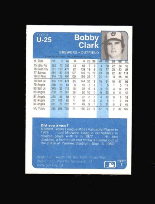 1984 Fleer Update #U-25 BOBBY CLARK Brewers MINT | eBay