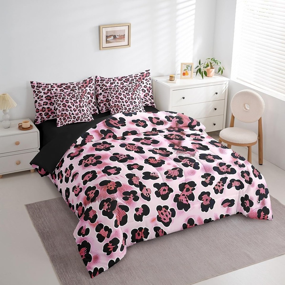 Pink Leopard Queen Comforter Set 7 Piece,Kids Cartoon Animal Print Bed ...
