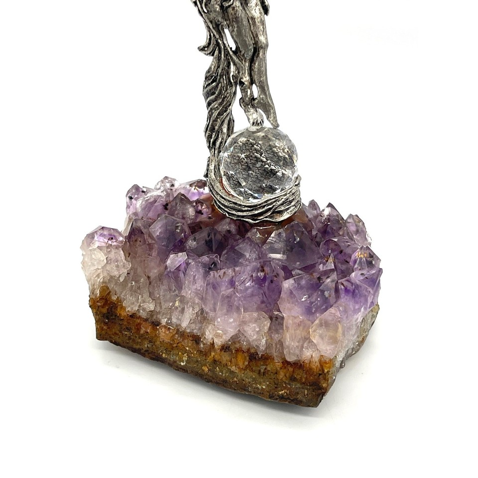 Pewter Fairy with Crystal Ball on top of Amethyst Crystal Cluster ...