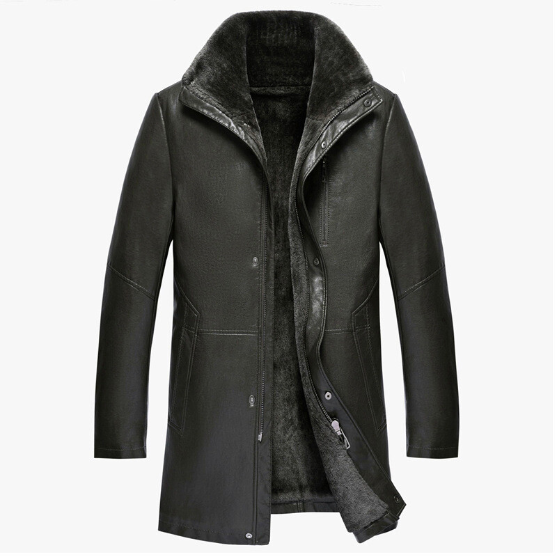 New Coat Thick Velvet Parka Men's Leather Jacket Long Fur Lined Warm ...