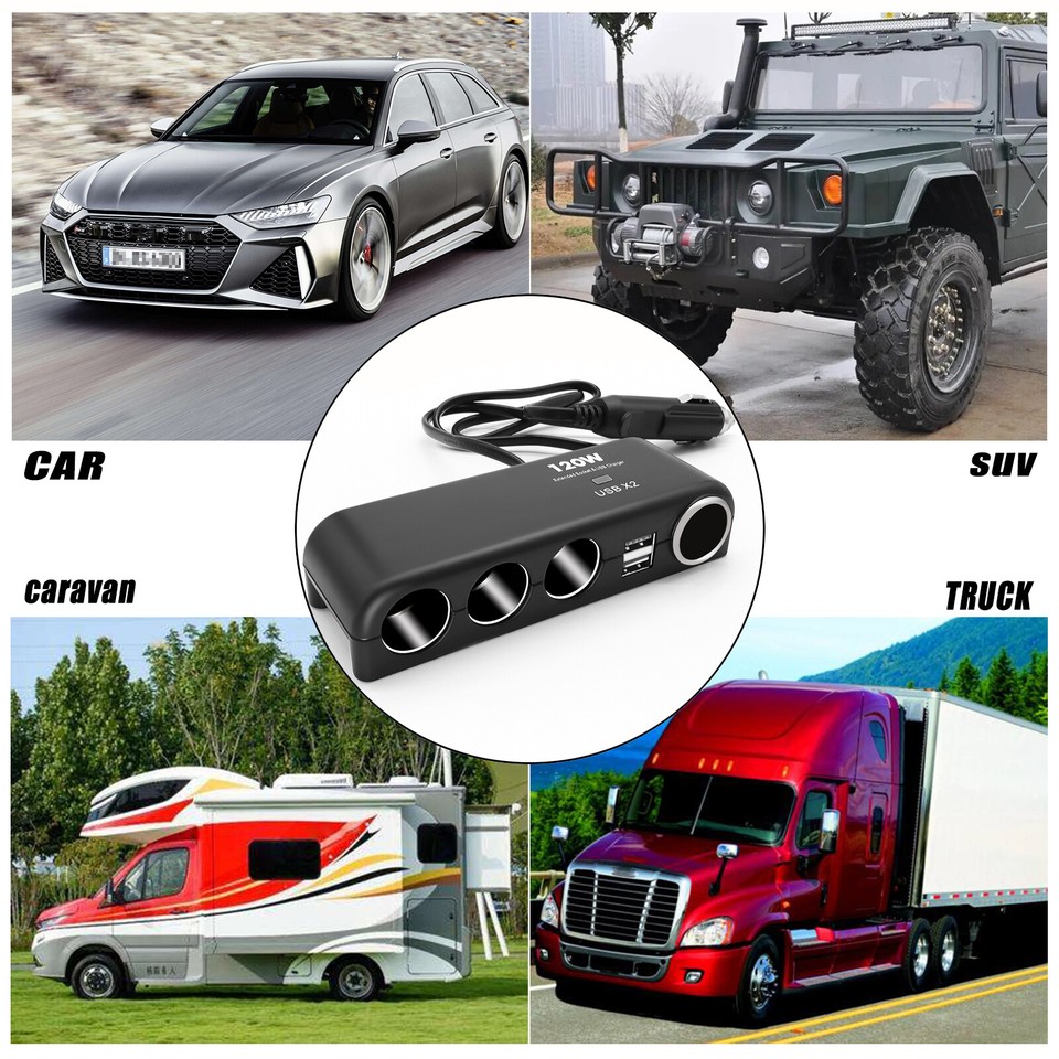 4 Way 12V 120W Multi Socket Car Cigarette Lighter Splitter USB Charger ...