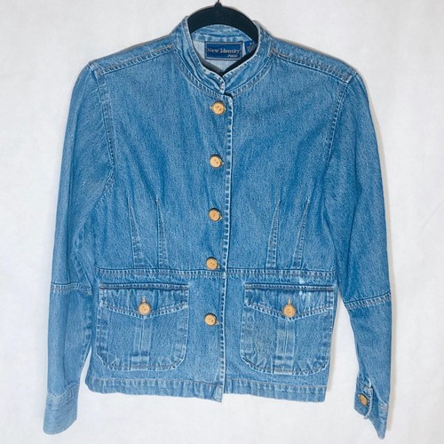 New Identity jean jacket blue floral embroidered button size petite ...