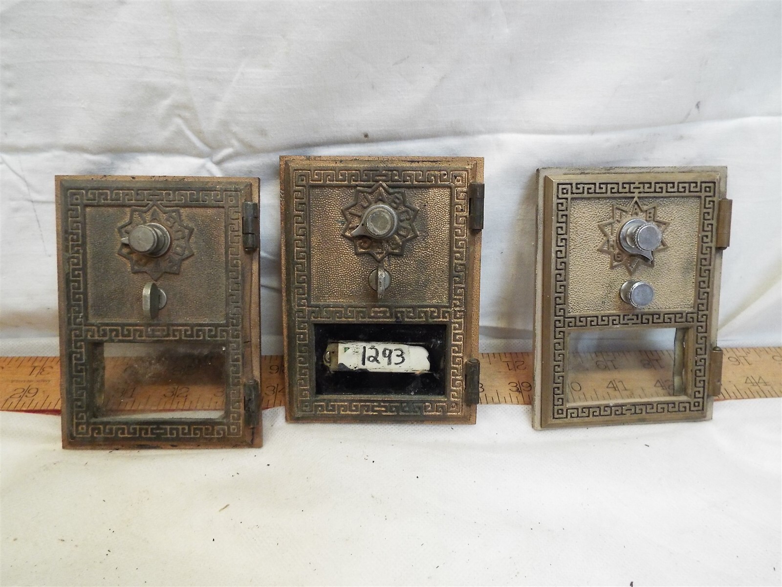 3 sm Antique USPS Greek Key Mail Post Office Box Door US Brass Glass ...