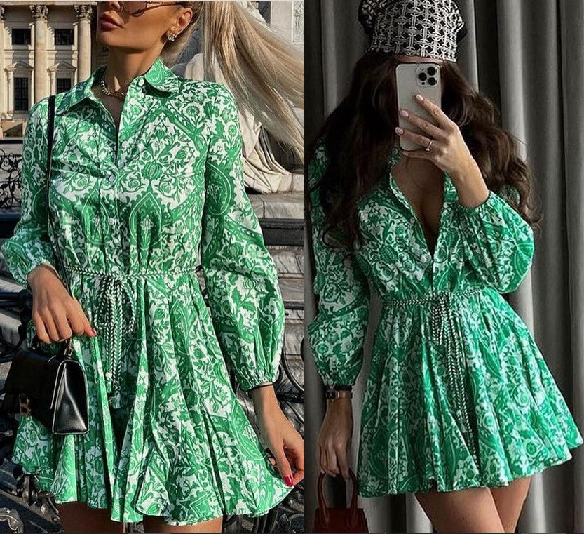 ZARA GREEN PAISLEY FLORAL PRINT MINI SHIRT DRESS VOLUMINOUS SKATER ...