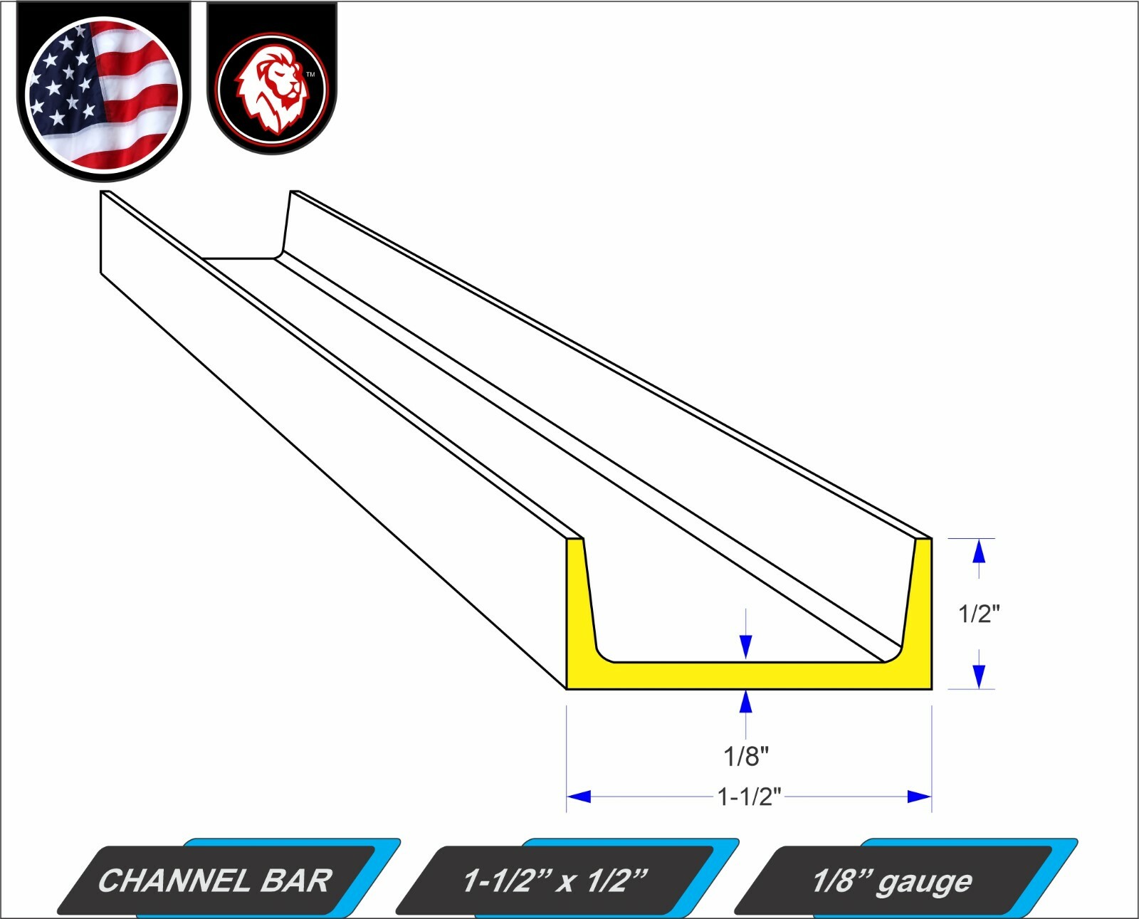 1-1/2" x 1/2" Channel Metal Bar - 11 gauge - Mild Steel - 36" inch Long ...