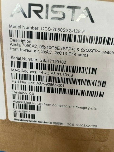 Arista DCS-7050SX2-72Q-R 48x 10GbE SFP+ 6x 40GbE QSFP+ R F Air 2x AC ...