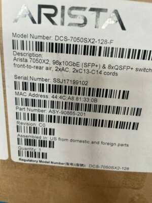 Arista DCS-7050SX2-72Q-R 48x 10GbE SFP+ 6x 40GbE QSFP+ R F Air 2x AC ...