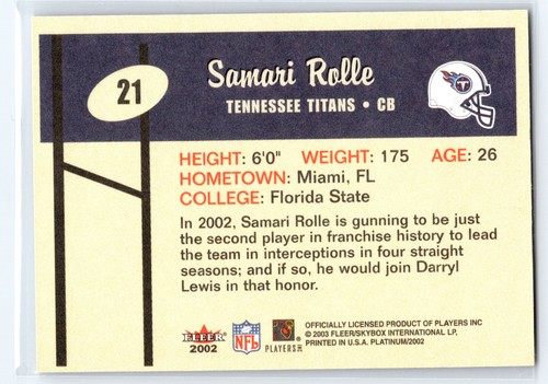 2002 Fleer Platinum #21 Samari Rolle | eBay