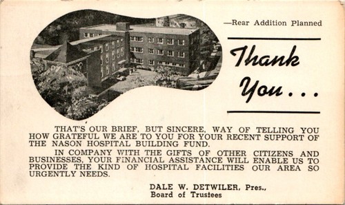 Nason Hospital Thank You Postcard 1956 Roaring Spring PA Fundraiser ...