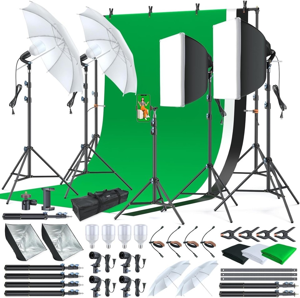 AM169 LED Studio Lighting Kit with Black, White & Green Backdrops - 78 ...