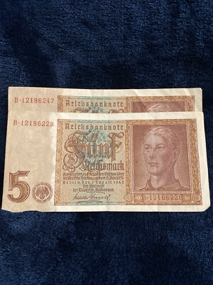 1942 NAZI GERMANY OLD 5 GERMAN MARKS BANKNOTE WW2 ISSUE SWASTIKA ...