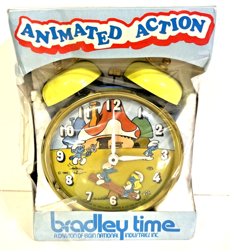 Vtg Smurf Alarm Clock BRADLEY 1983 Yellow Animated Action- Original ...