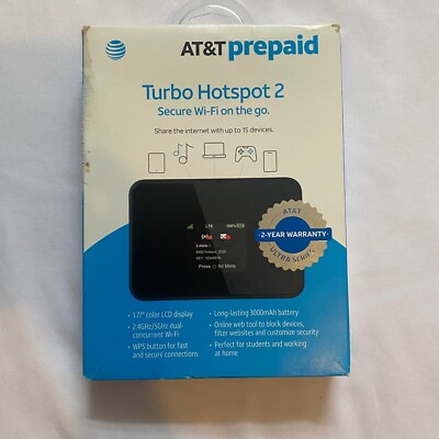AT&T Turbo Hotspot 2 Prepaid Secure WiFi 15 Devices 2.4/5GHz Dual-Band ...