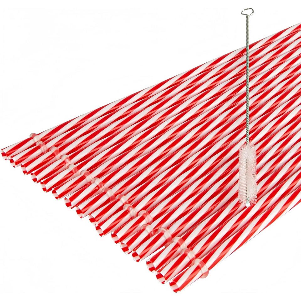 12PCS Christmas Reusable Plastic Straws Red and White Striped Straws ...