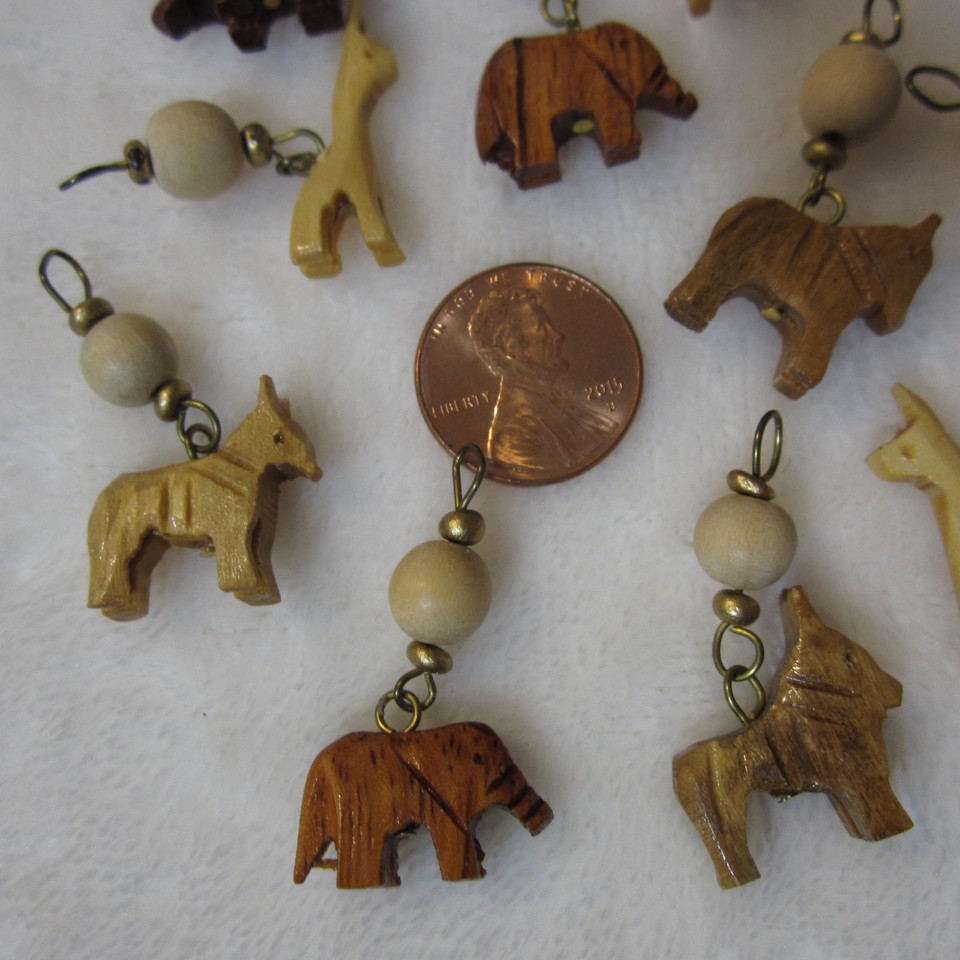 14 Miniature Wooden Carved Safari Animal Bead Charms Elephant Giraffe ...