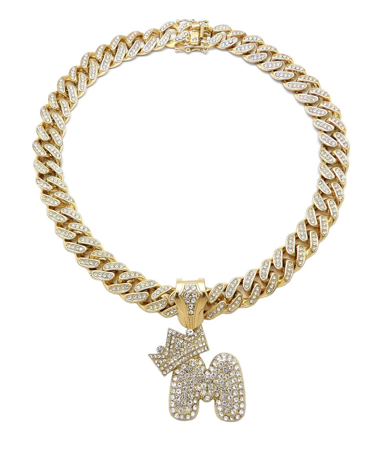 Gold PT Bubble Alphabet M Pendant & 16" ~ 24" Iced Cuban Box Lock Chain ...