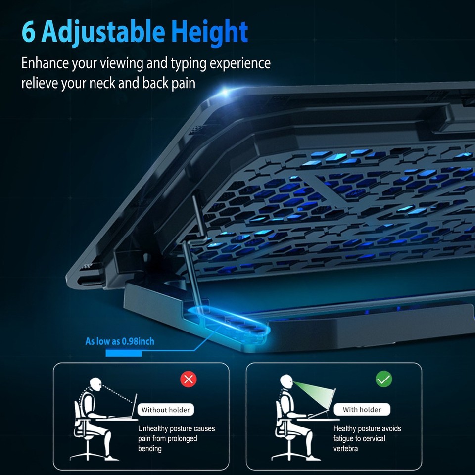 6-Fan Cooler Laptop Cooling Pad USB Stand Quiet LED Light Radiator PC ...