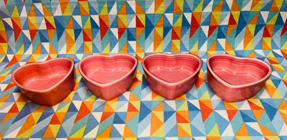 Fiestaware HEART 4 ramekins Peony Pink fiesta 7 oz small bowl dip fruit ...