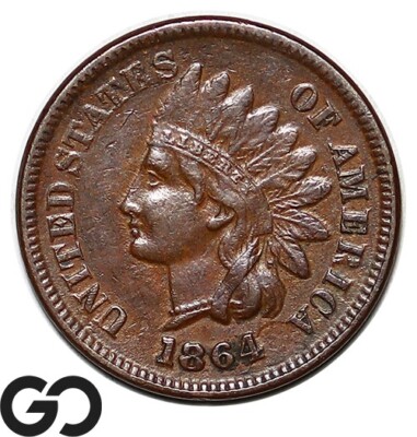 1864-L Indian Head Cent Penny, L on the Ribbon, Choice AU++ Better Date ...
