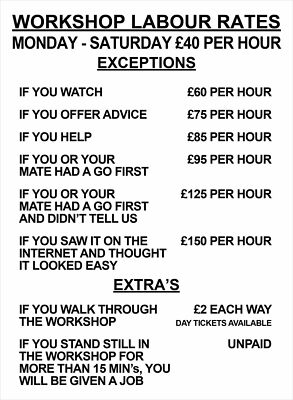 WORKSHOP LABOUR RATES fun METAL NOTICE garage service mechanic pub man ...