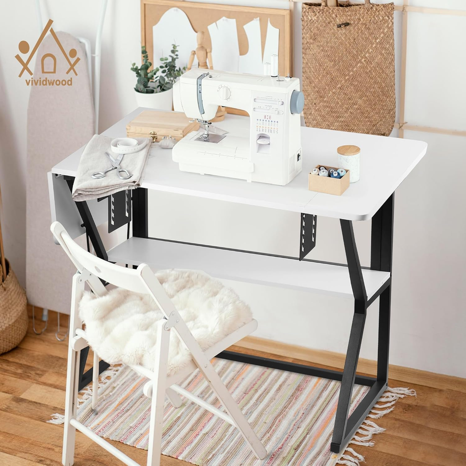 Versatile Large White Sewing Table with Adjustable Height & Storage ...