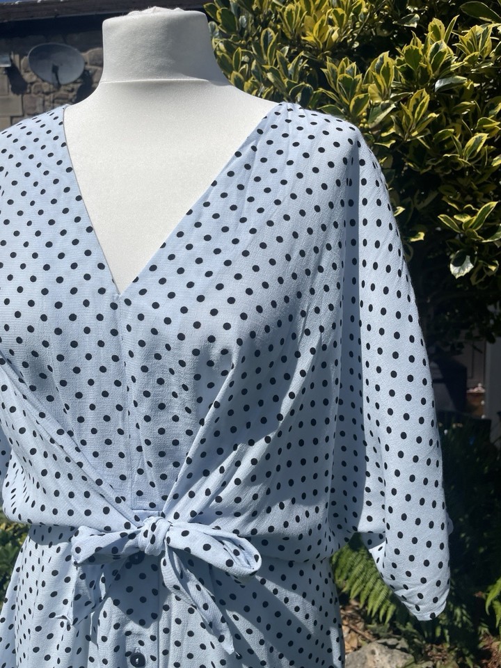 ZARA Light Blue Polka Dot Tie Button Front Midi Summer Dress size Small ...