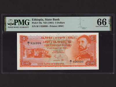 Ethiopia:P-19a,5 Dollars, 1961 * Haile Selassie * PMG Gem UNC 66 EPQ ...