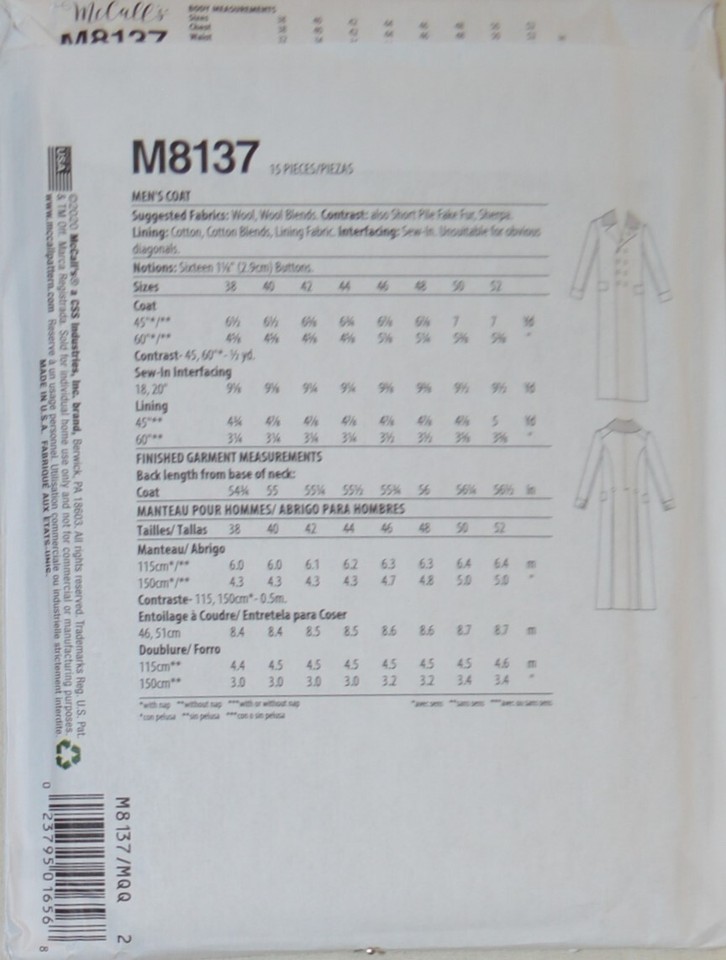 McCalls 8137 - Men's Overcoat | eBay