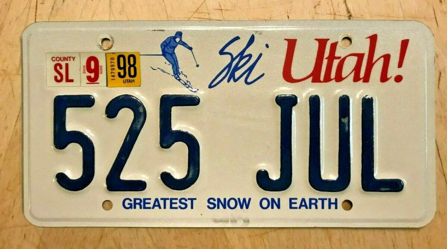 1998 SKI UTAH GREATEST SNOW ON EARTH AUTO LICENSE PLATE " 525 JLY " UT ...