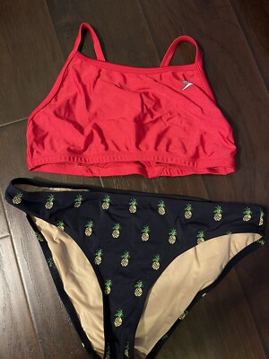 MISMATCH Red Speedo & J Crew Pineapple Bottom. Two Piece Swimsuit M ...